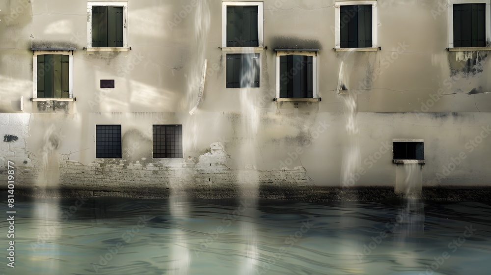 flood. Buildings with windows shattered and water trickling out ...