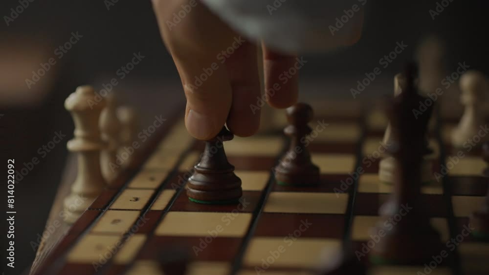 The camera zooms in on the chessboard, where the master is making a ...