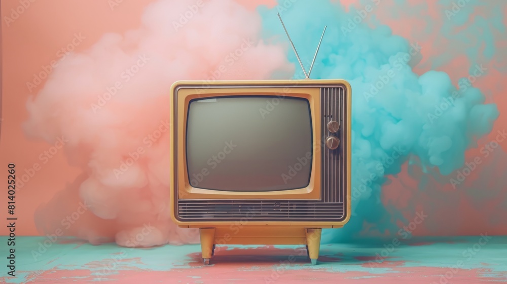 Retro television set with pastel color screen, surrounded by colorful ...