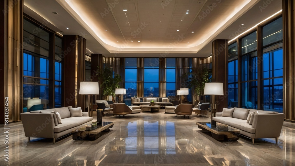 ภาพประกอบสต็อก hotel lobby that seamlessly integrates technology with ...