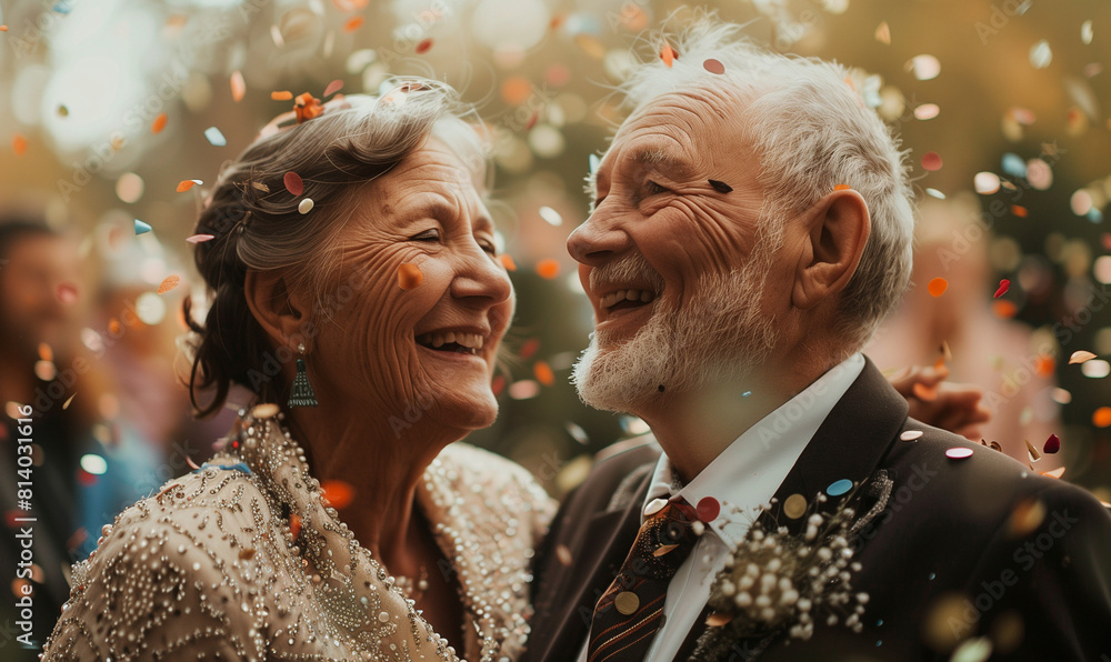 A mature senior couple renewing their vows on their anniversary. Smiling married couple ...