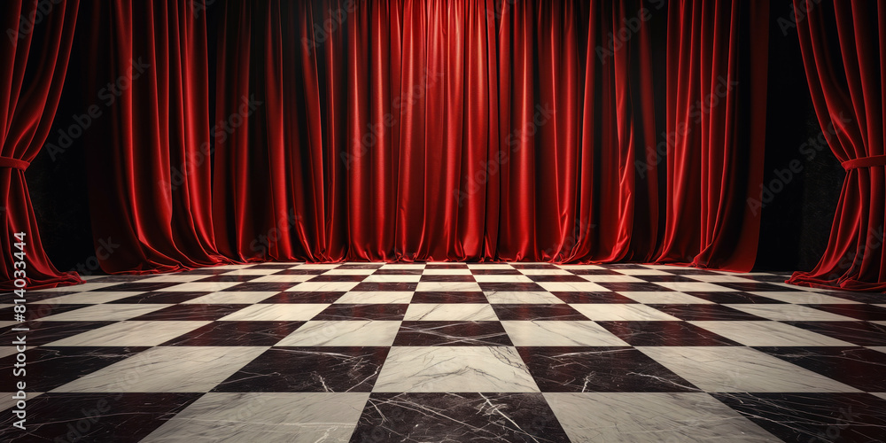 Red velvet curtains on checkered marble floor. Elegant red velvet ...