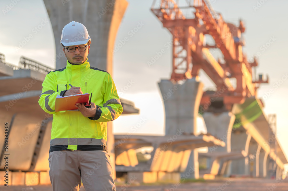 An Asian male engineer works at a motorway bridge construction site ...
