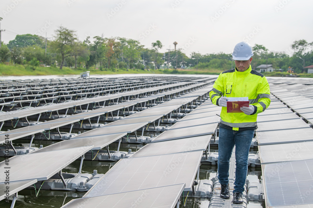 Engineer working at floating solar farm,checking and maintenance with ...