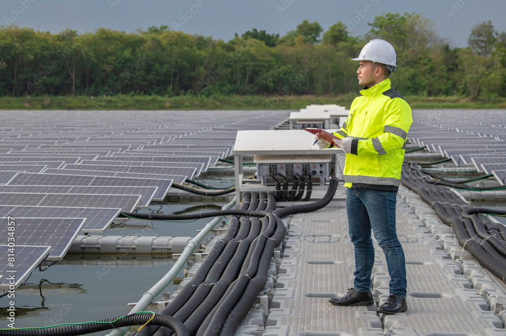 Engineer working at floating solar farm,checking and maintenance with ...
