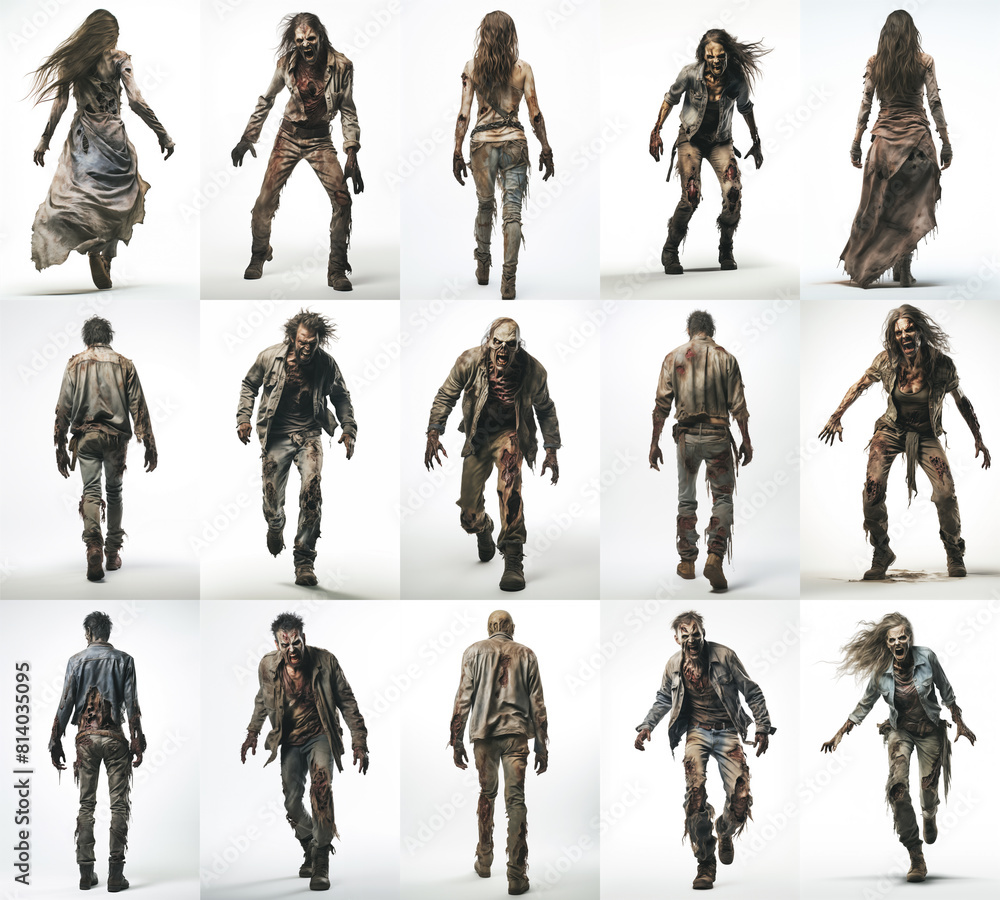 set of horror zombies. full view. front and back view. Man and woman ...