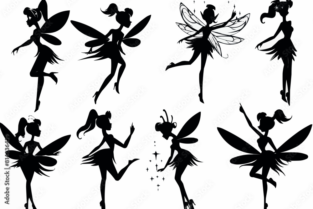Cartoon magic fairy tale little fairies silhouettes. Magical little ...