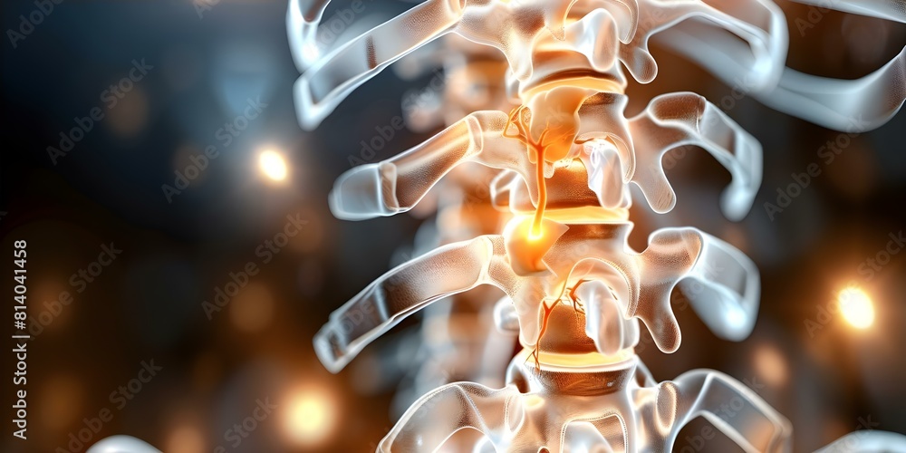 3D render of lumbar spine with herniated disc compressing nerve root ...
