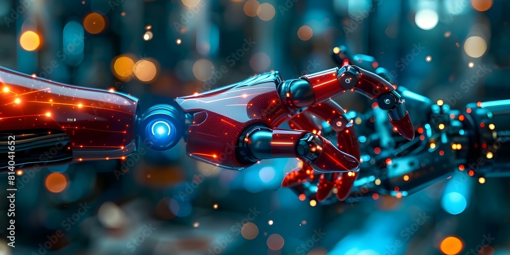 Robot arm makes skin contact with AI showcasing futuristic scientific ...