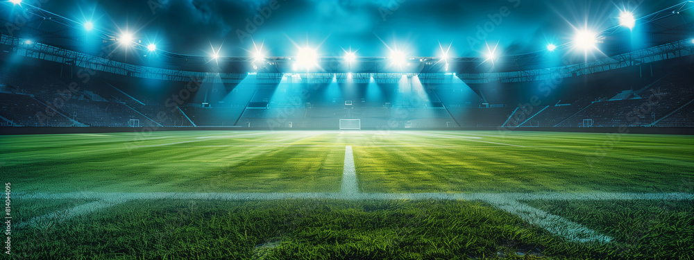 A magnificent sports stadium with powerful floodlights shining and the ...