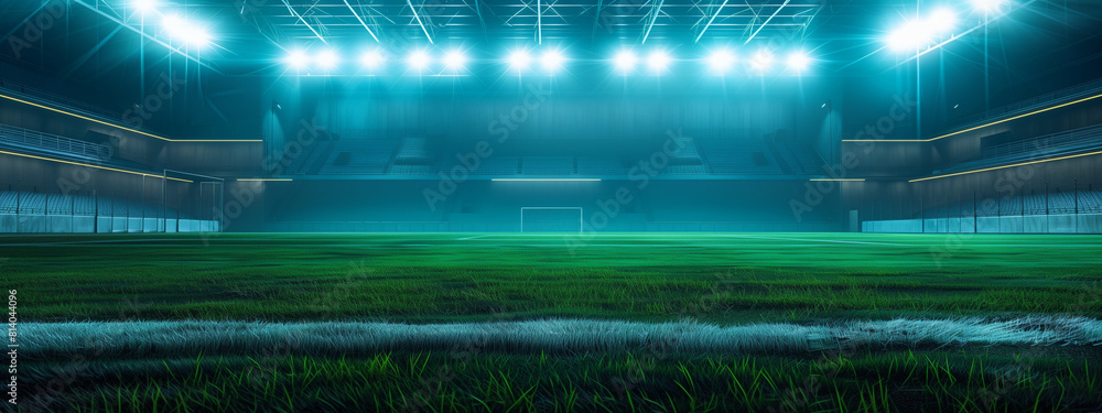 A magnificent sports stadium with powerful floodlights shining and the ...
