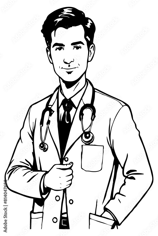 Fictional doctor character. Line art. Black and white illustration for ...