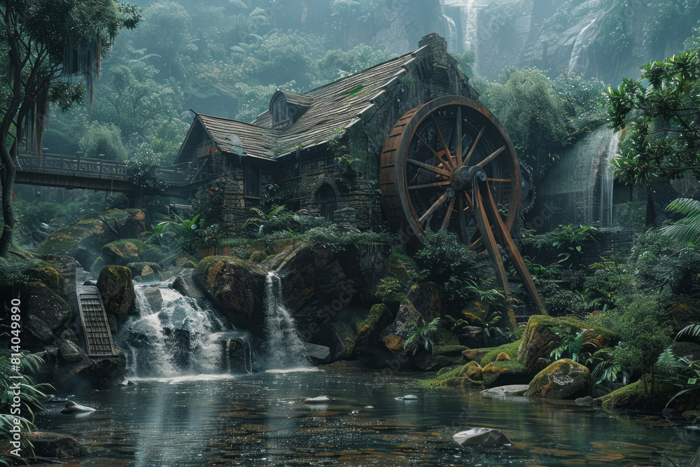 Visualization of an old-fashioned sugar mill powered by a water wheel ...