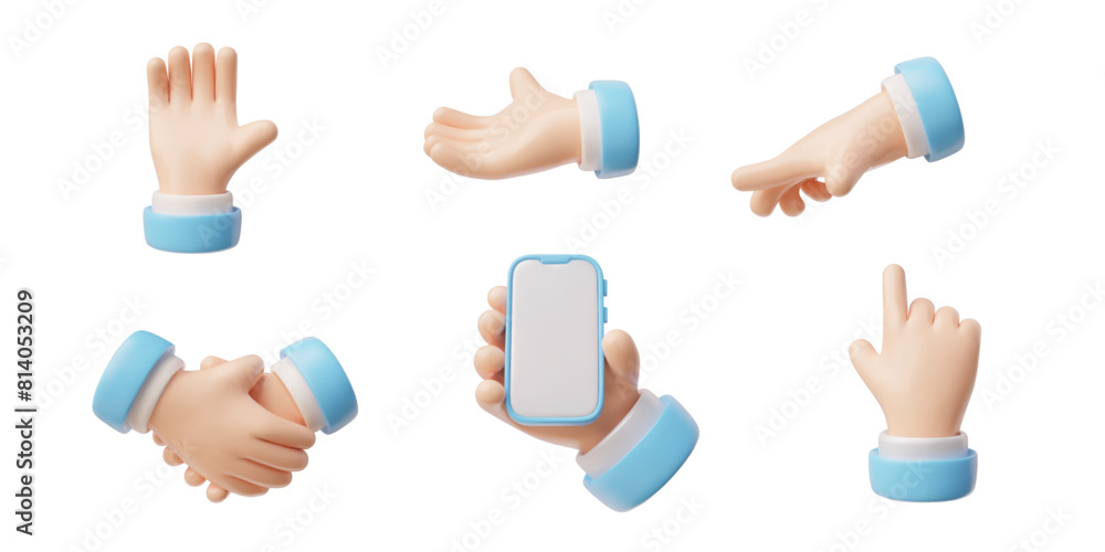 Hands gestures 3D vector set, hands emoji with mobile phone, handshake ...
