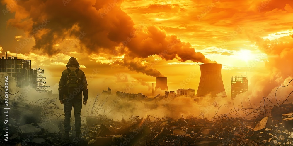Postapocalyptic survivor in ruined landscape with nuclear cooling ...