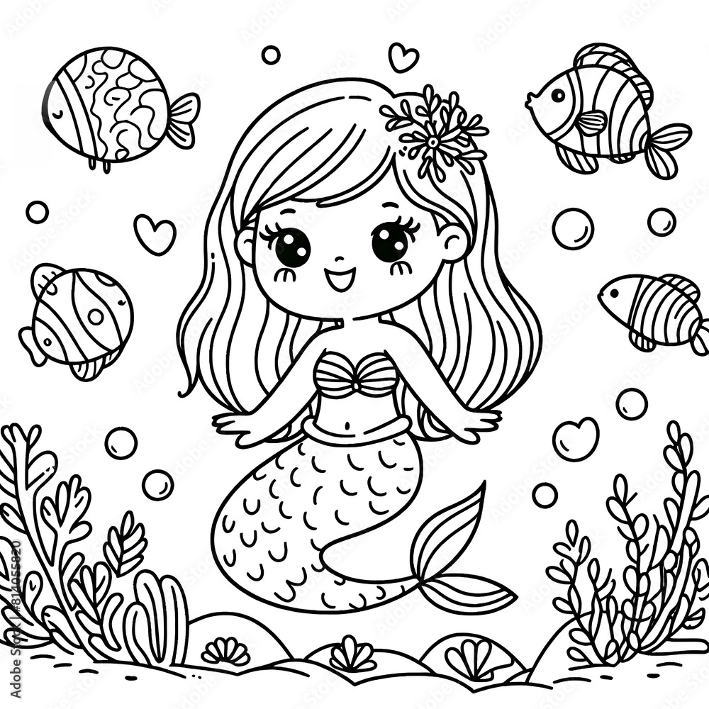Coloring page with cute mermaid girl. Outline illustration. Black and ...