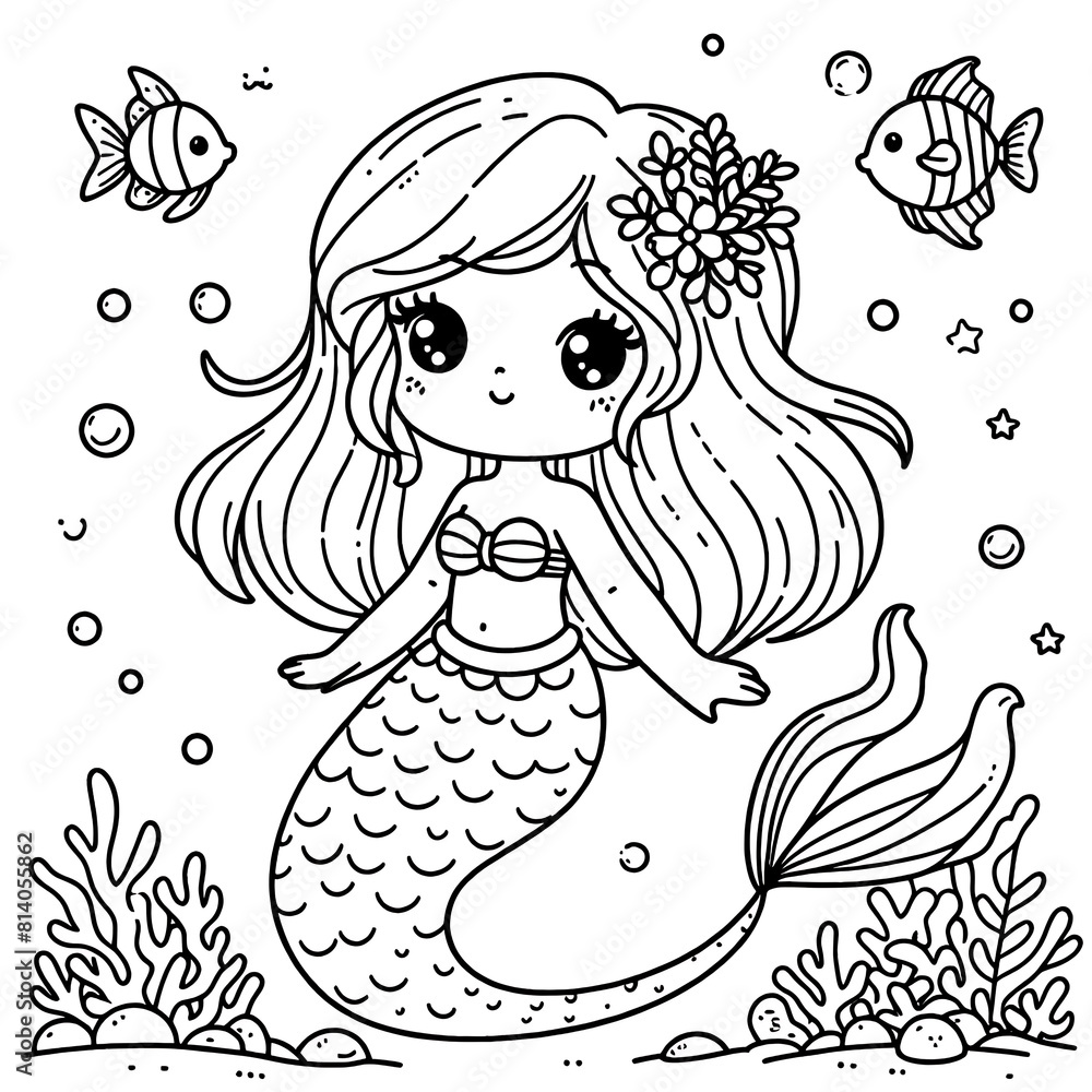 Coloring page with cute mermaid girl. Outline illustration. Black and ...