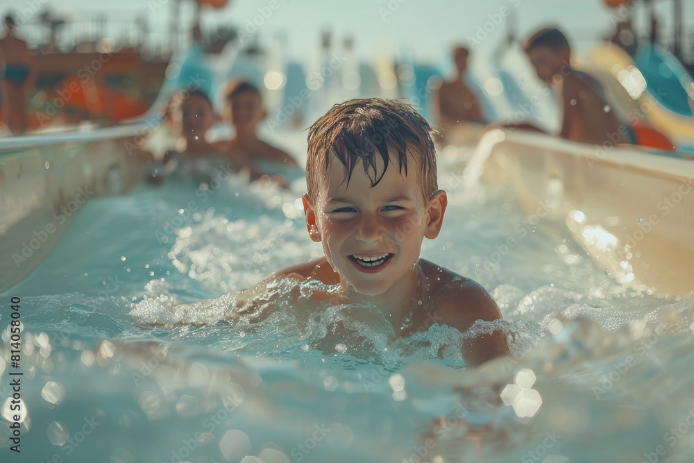 Happy children in the pool, in the water park. Summer holiday, vacation ...