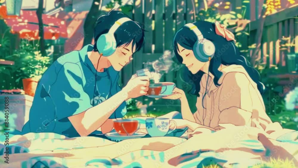 Quaint garden, a couple enjoys a tea party, sharing a blanket and ...
