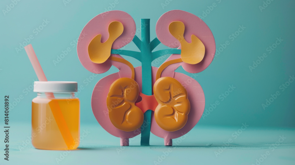 Kidney health check concept: Paper kidney model, urine sample jar on ...