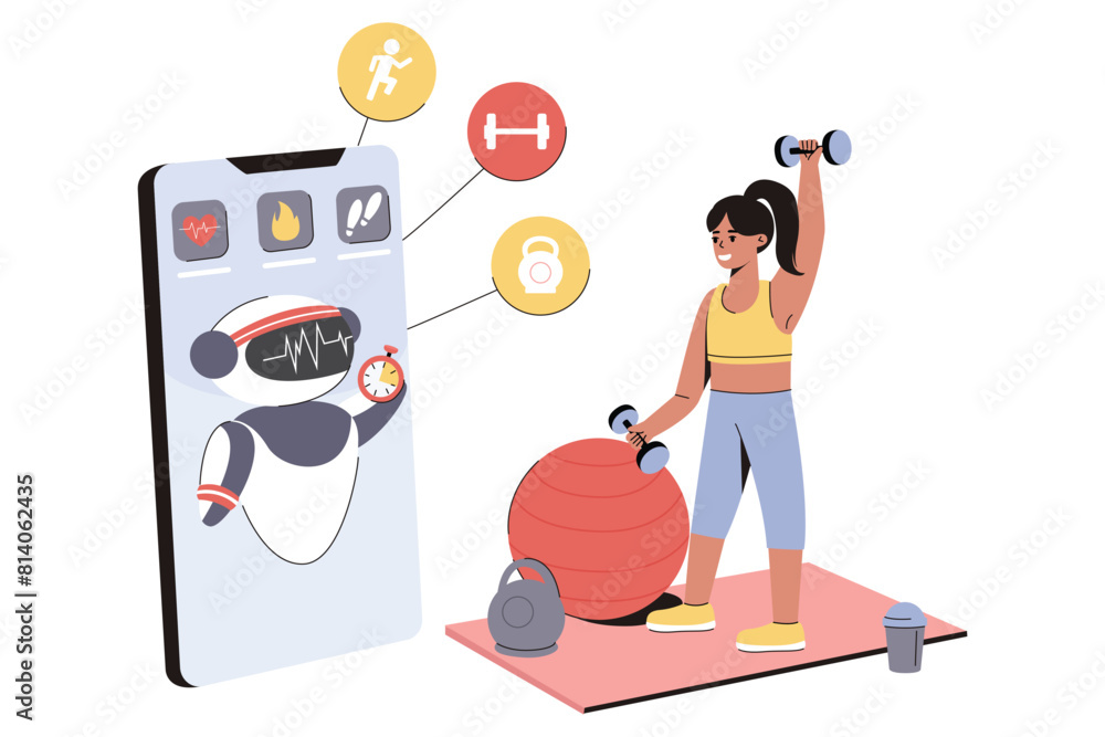 Personal coaching, online training with ai fitness chatbot. Woman use ...