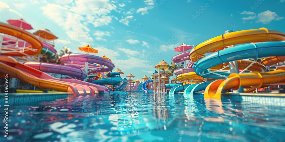 Aquapark. Beautiful colorful water park, slides, swimming pool. Summer ...