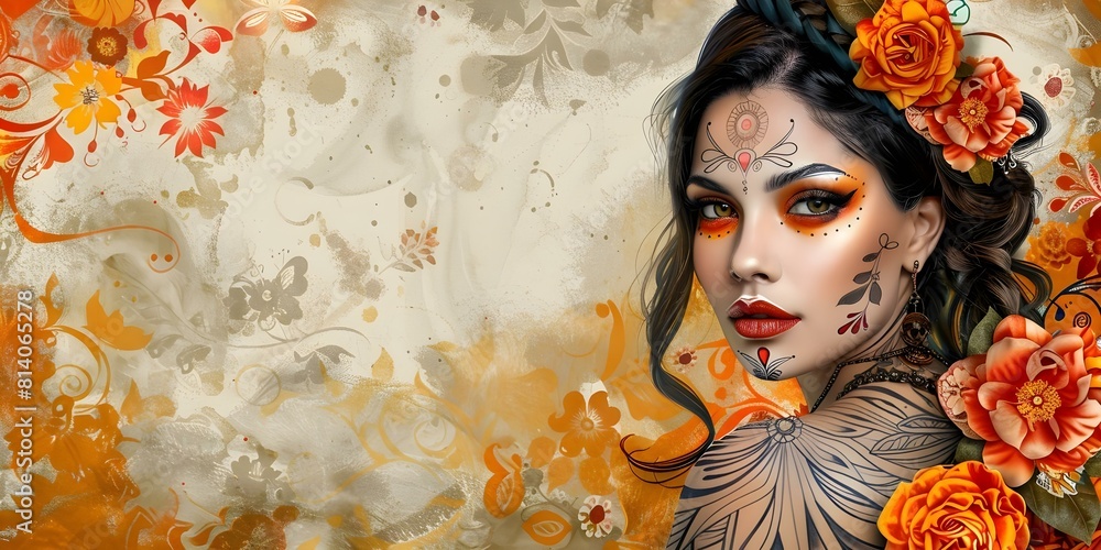 Chicano Girl Portrait with Floral Tattoo Art: Isolated Artwork. Concept ...