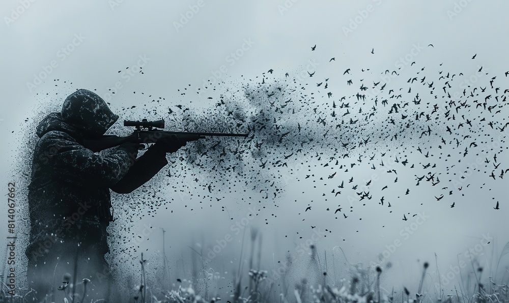 Silhouette of a man with a sniper rifle and flying birds Stock ...