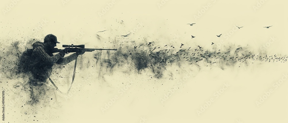 Silhouette of a man with a sniper rifle and flying birds Stock ...