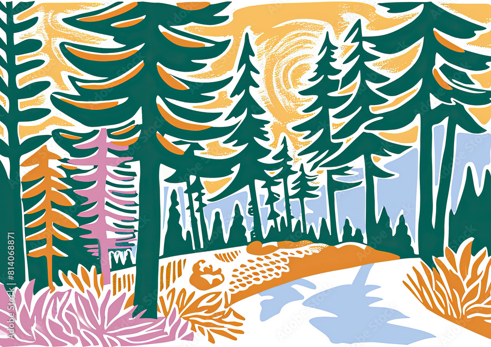 Artistic linocut print with seasonal natural forest scene with trees ...
