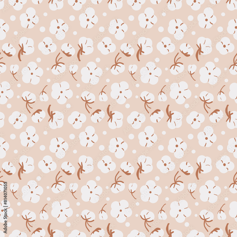 Cotton flowers seamless pattern. Ripe cotton bolls endless background ...
