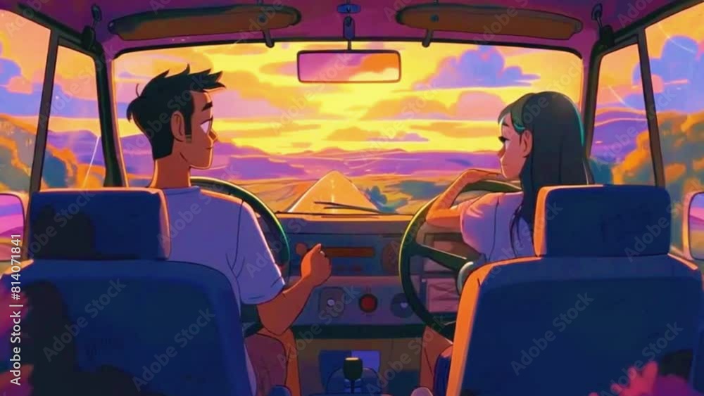 A couple on a road trip, driving through scenic landscapes while ...