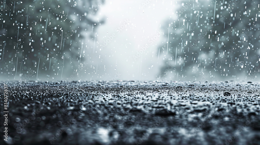 Dramatic rain falling on the wet ground with visible raindrops and ...