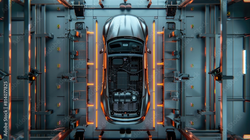 Top view of electric car vehicle battery on factory conveyor realistic ...