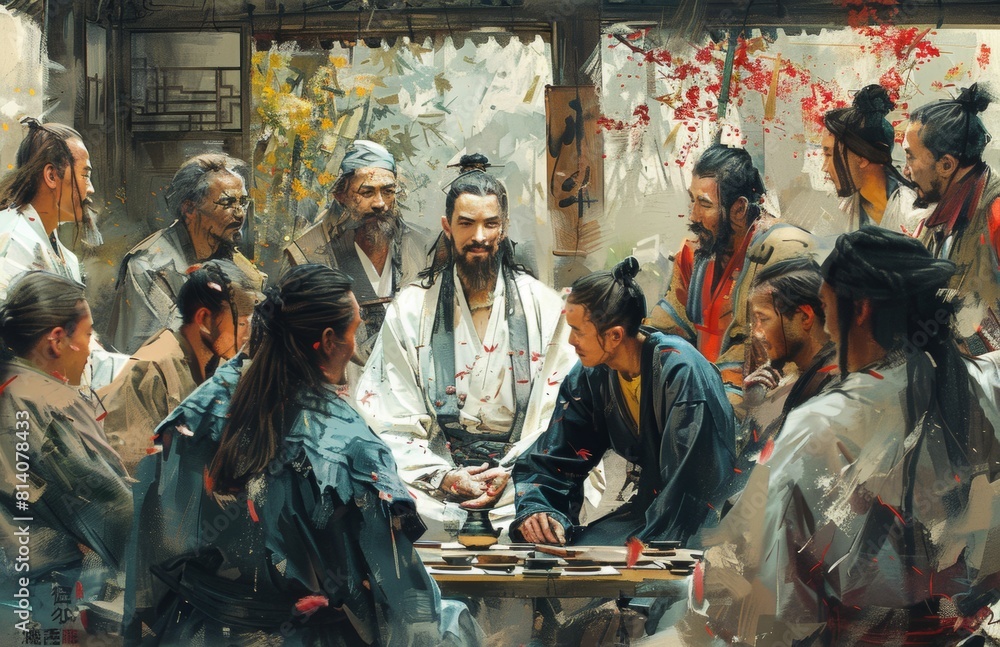 Jesus talking to his disciples, in biblical times, movie still. This ...