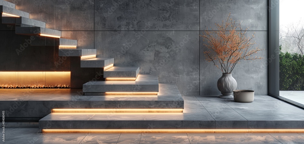 A modern staircase with LED lights, showcasing the sleek lines and ...