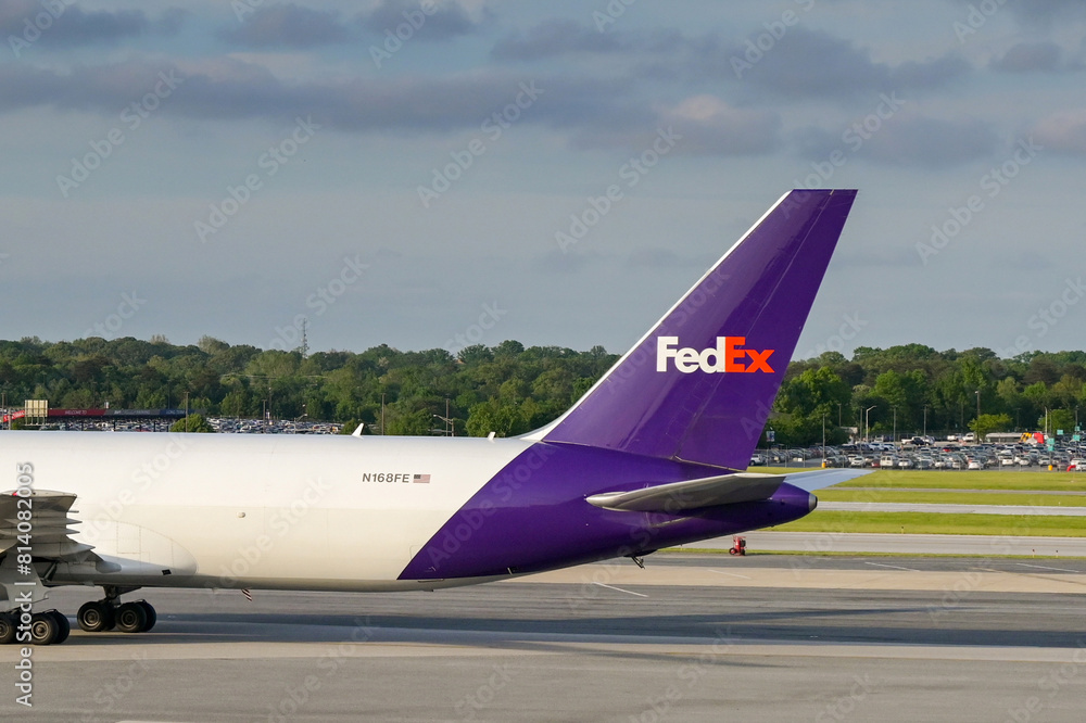 Baltimore, Maryland, USA - 3 May 2024: Tail fin of Boeing 767 cargo jet ...