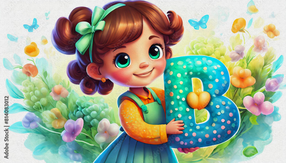 oil painting style CARTOON CHARACTER CUTE kids hold plastic letter B ...