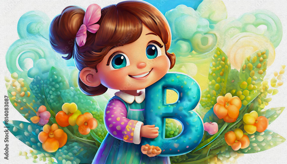 oil painting style CARTOON CHARACTER CUTE kids hold plastic letter B ...