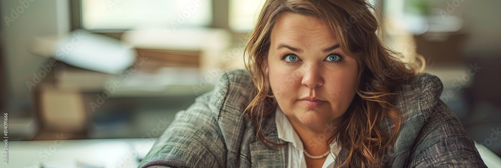 fat woman . office work, sedentary lifestyle, positive thinking, Stock ...