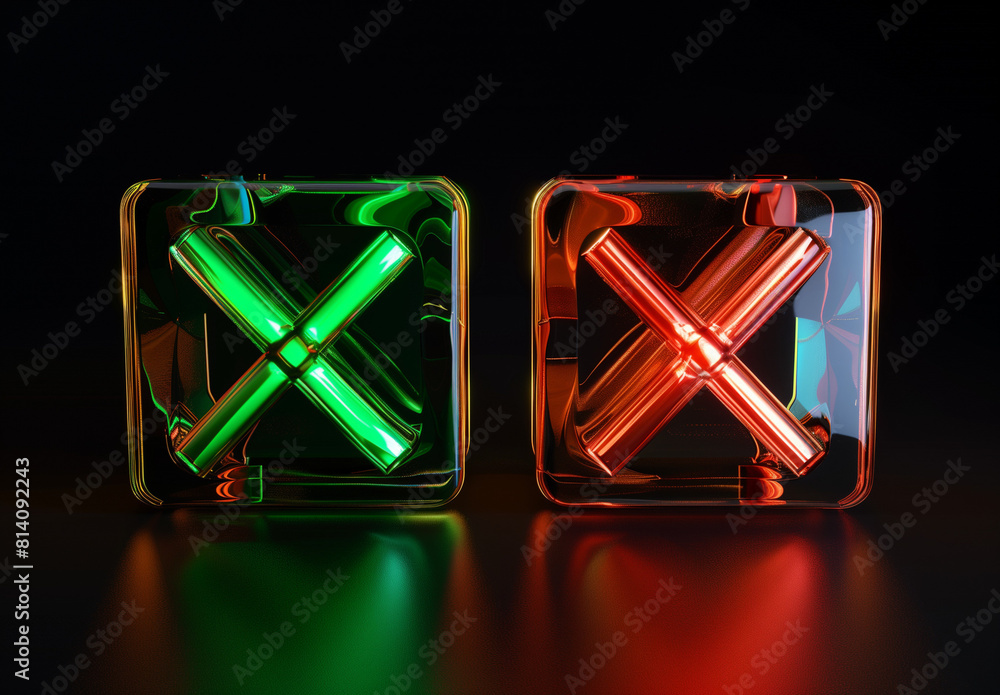 3d icon of an illuminated green check mark and red X on two different ...