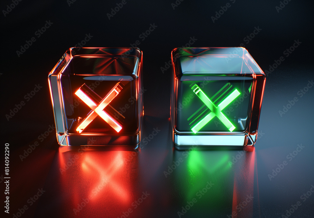 3d icon of an illuminated green check mark and red X on two different ...