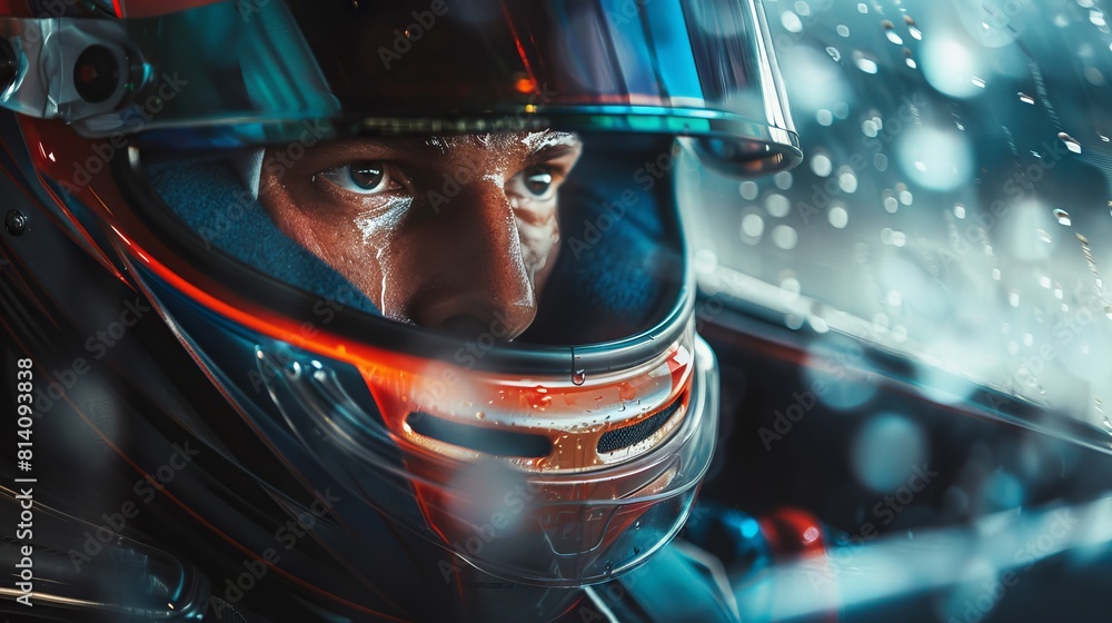Closeup of an F2 race car driver in a helmet and racing suit, sitting ...