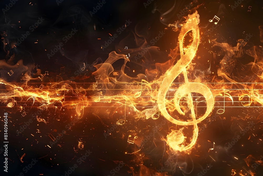 Fiery and burning sheet music with notes and treble clef on a black ...