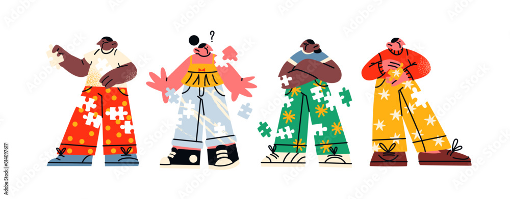 Cartoon characters solving a puzzle, vector mascots with puzzles ...