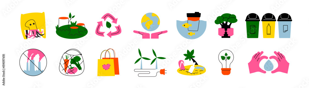 Cartoon eco recycle stickers in retro groovy style. Ecology, organic ...