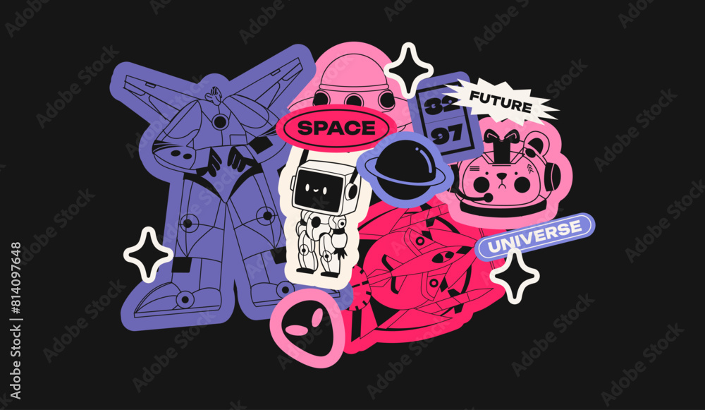 Retro stickers space and galaxy. Cartoon robots, flying saucers ...