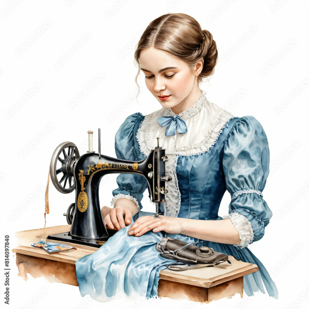 Watercolor drawing of a beautiful girl seamstress in an ancient dress ...