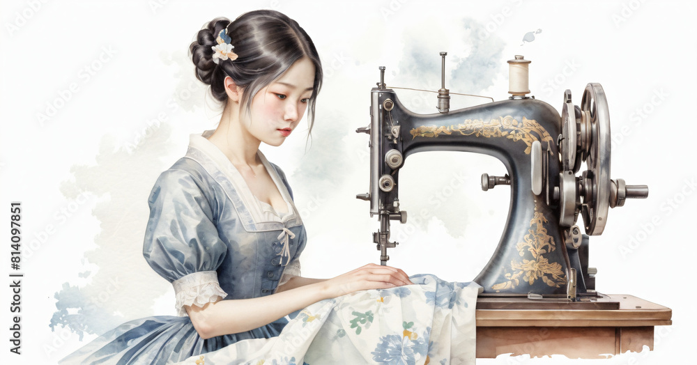 Watercolor drawing of a beautiful girl seamstress in an ancient dress ...