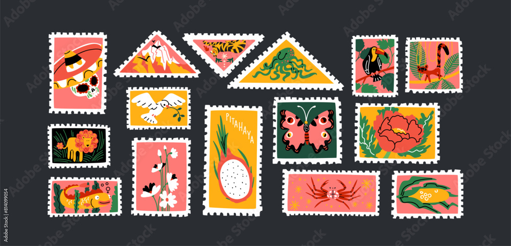 Postage stamps stickers with patterns and drawings. Cartoon pictures in ...